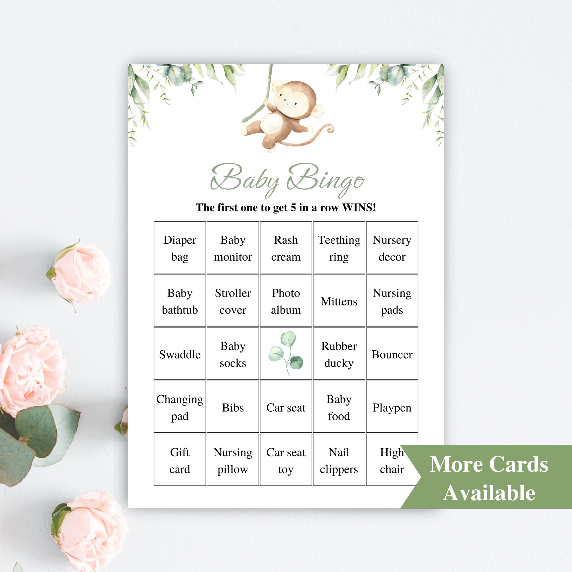 30 Printable Monkey Baby Shower Bingo Cards 5x7'' Prefilled Baby Bingo ...