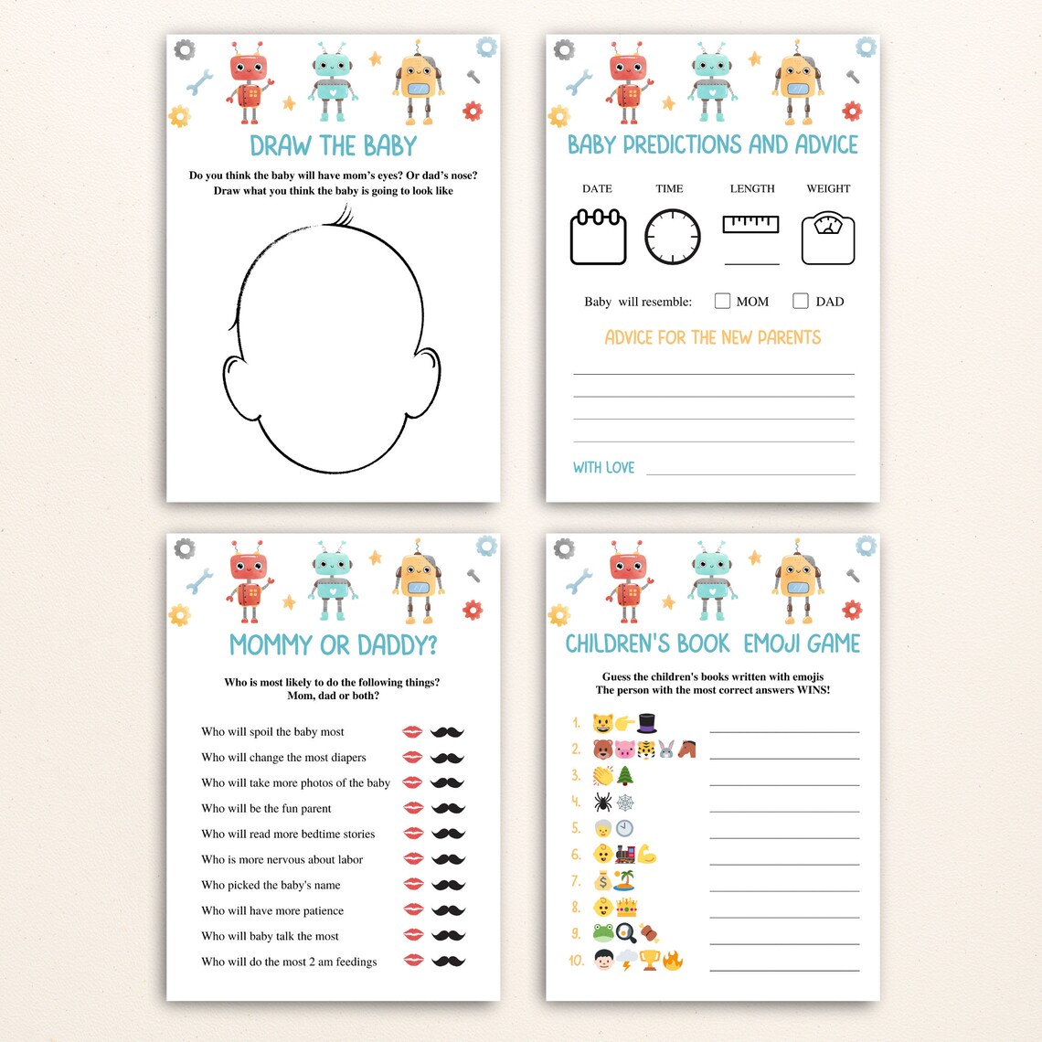 16 Printable Robot Baby Shower Games 5x7'' Boy Baby Shower Game Bundle ...