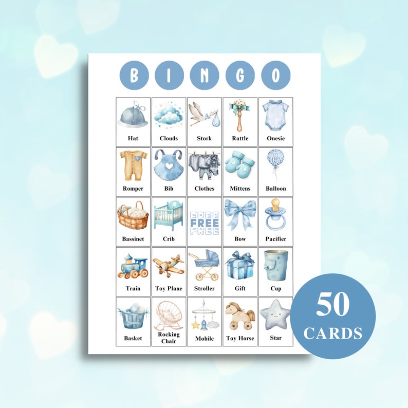 50 Printable Boy Baby Shower Bingo Cards Baby Shower Picture Bingo Blue ...