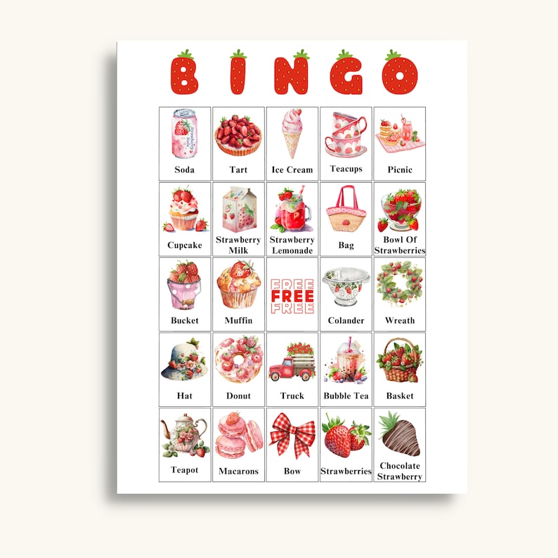 50 Printable Strawberry Picture Bingo Cards, Strawberry Bingo ...