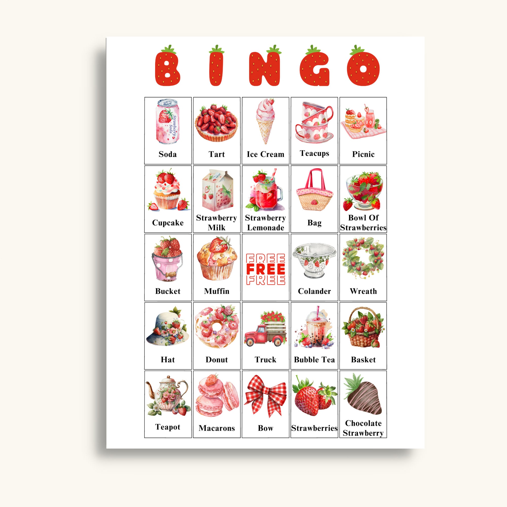 50 Printable Strawberry Bingo Cards Strawberry Themed Picture Bingo ...