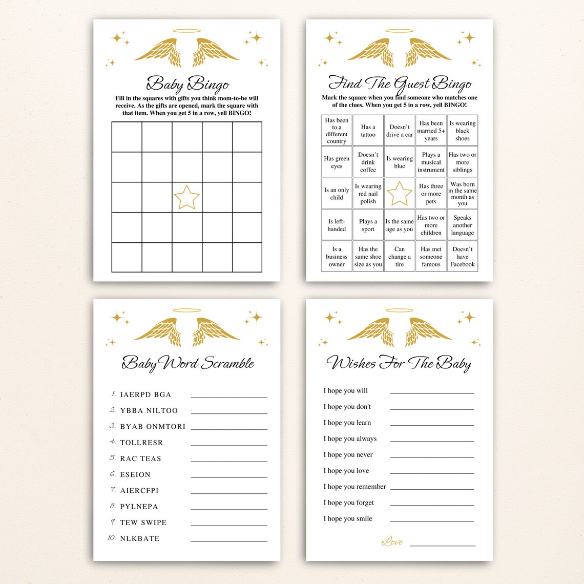 16 Printable Angel Baby Shower Games Heaven Sent Baby Shower Game ...