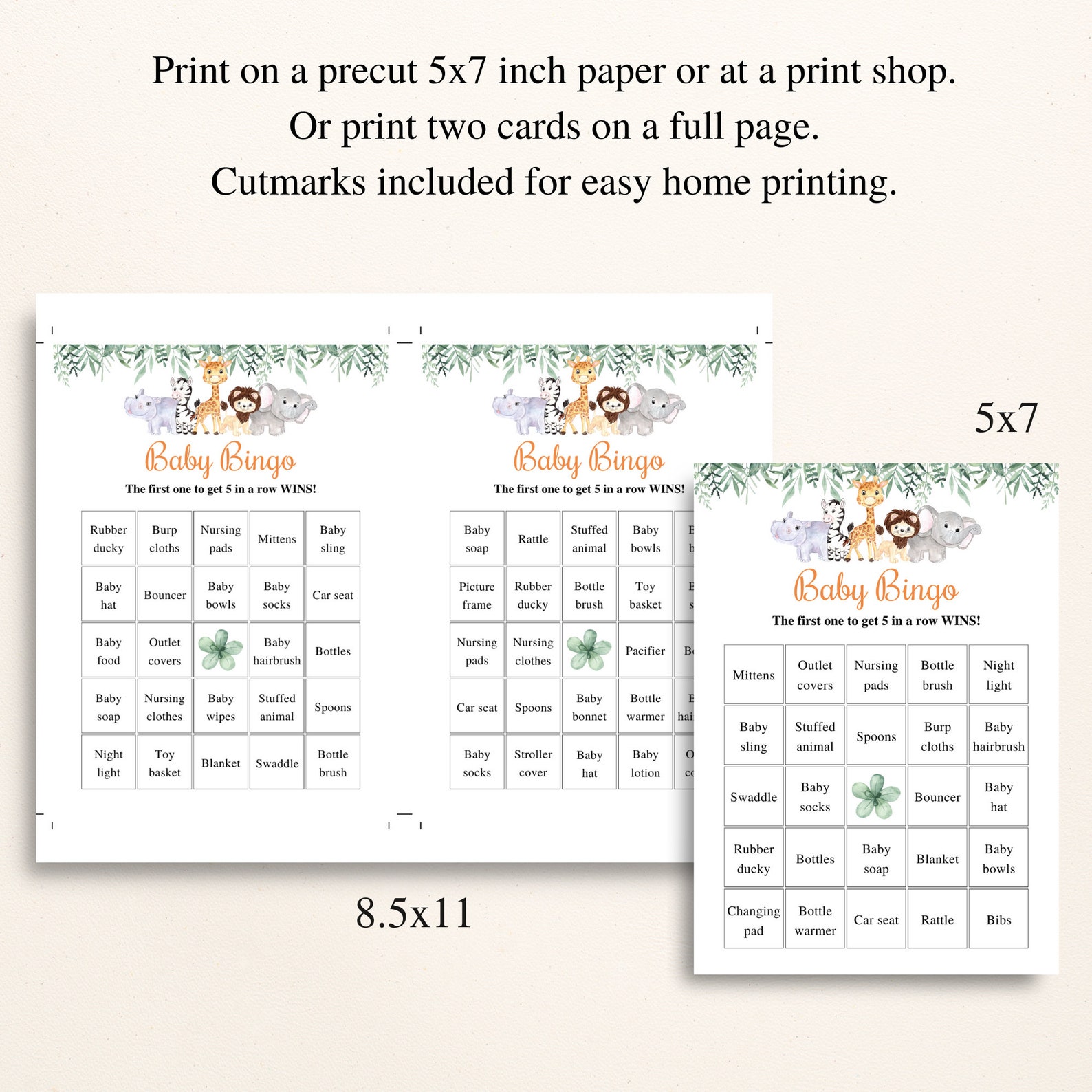 30 Printable Prefilled Baby Shower Bingo Cards, Safari Baby Shower ...