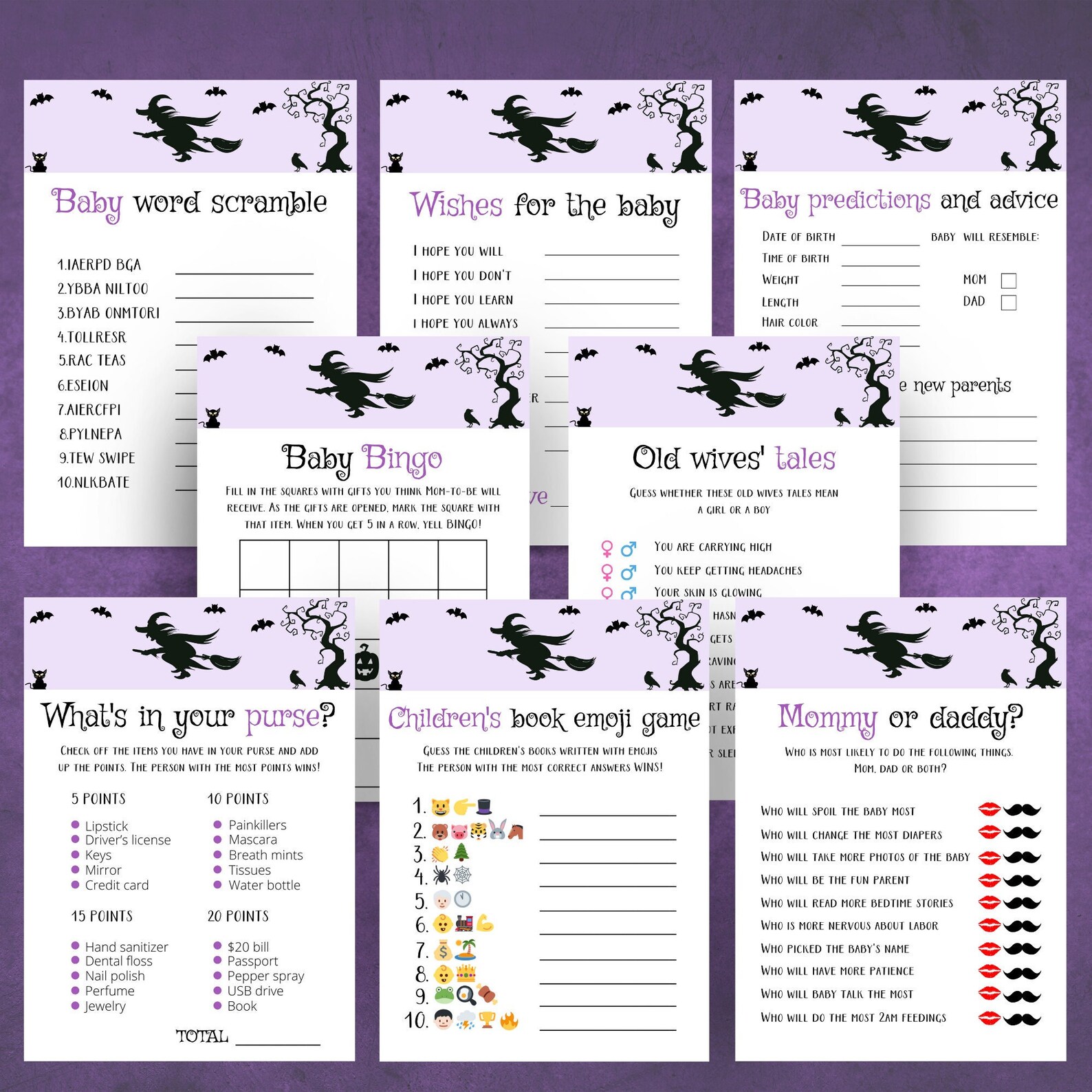 Printable Halloween Baby Shower Games, 5x7 Halloween Baby Shower Game ...
