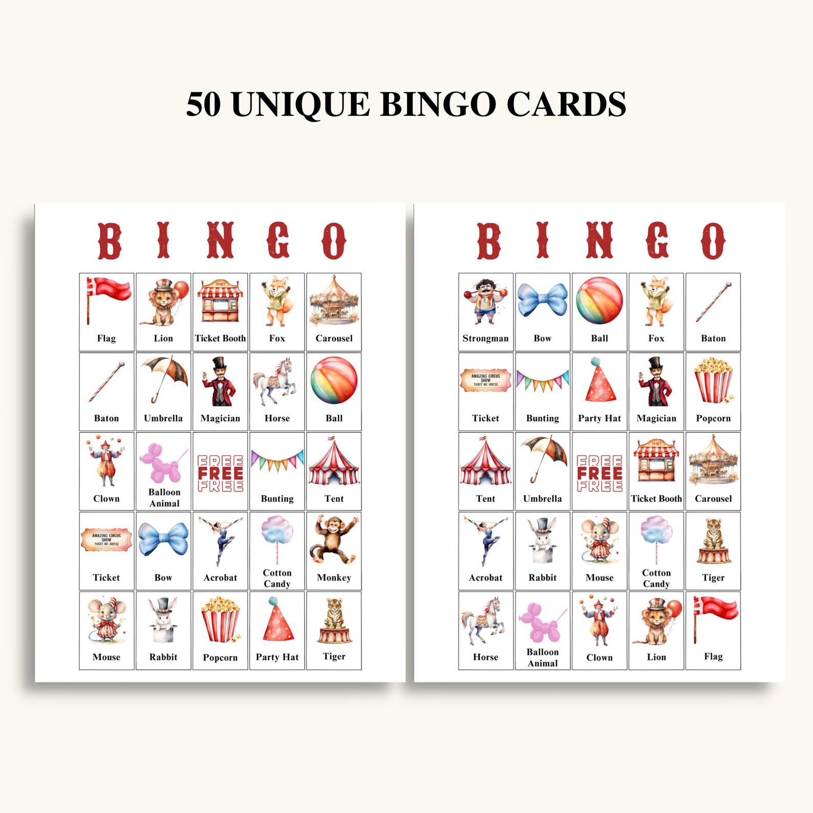 50 Printable Circus Bingo Cards, Carnival Picture Bingo, Circus ...