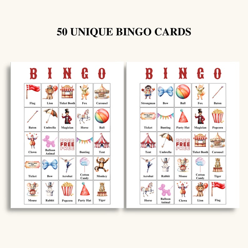 50 Printable Circus Bingo Cards, Carnival Picture Bingo, Circus ...