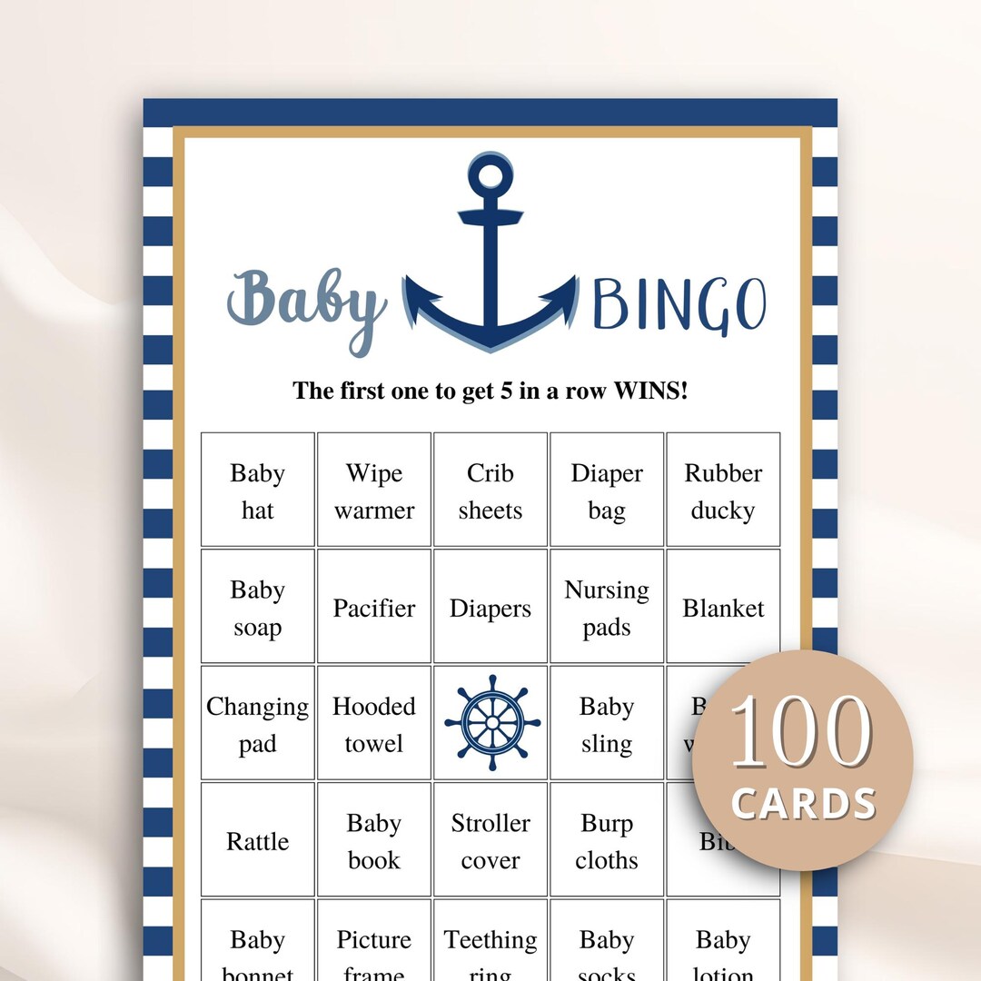 100 Printable Nautical Baby Shower Bingo Cards: Prefilled Baby Shower ...