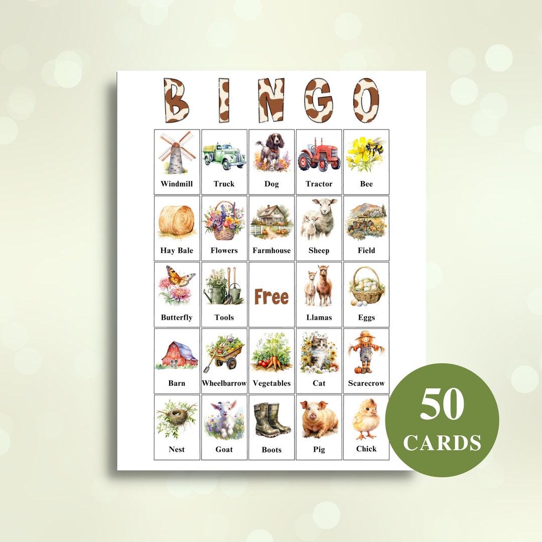 50 Printable Farm Bingo Cards | Farm Themed Picture Bingo Cards | Farm ...