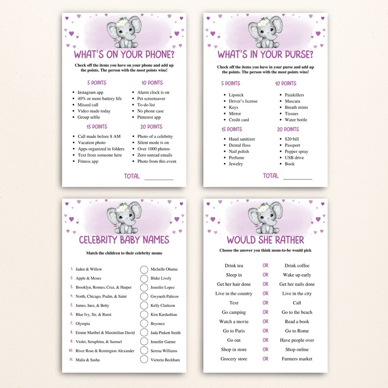 Printable Purple Elephant Baby Shower Games: Little Peanut Theme, 16 ...