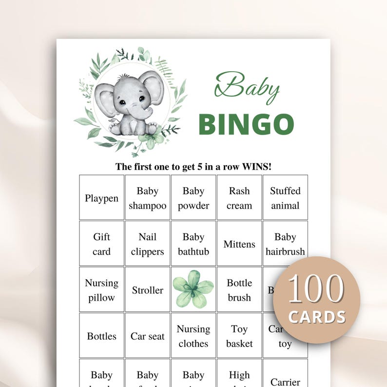 100 Printable Elephant Baby Shower Bingo Cards, Prefilled Baby Shower ...