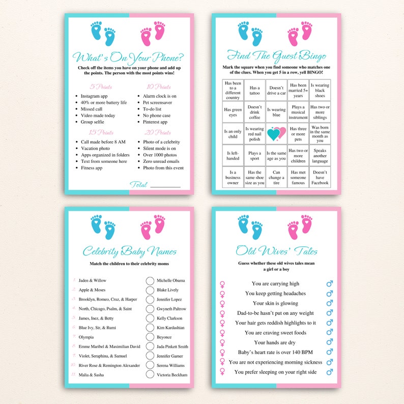 12 Printable Baby Feet Gender Reveal Games Pink and Blue Gender Reveal Party Games He or She ...