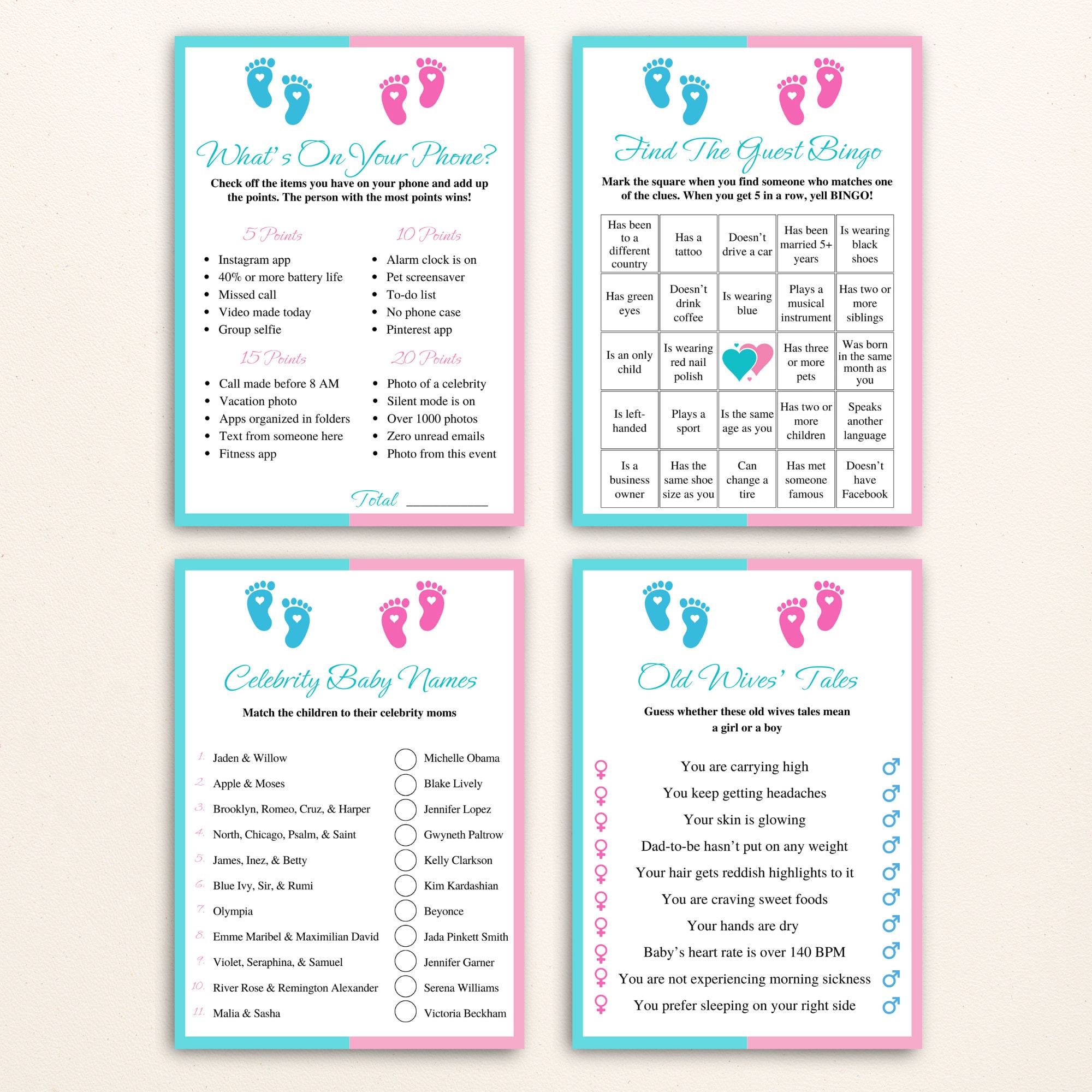 12 Printable Baby Feet Gender Reveal Games Pink and Blue Gender Reveal ...