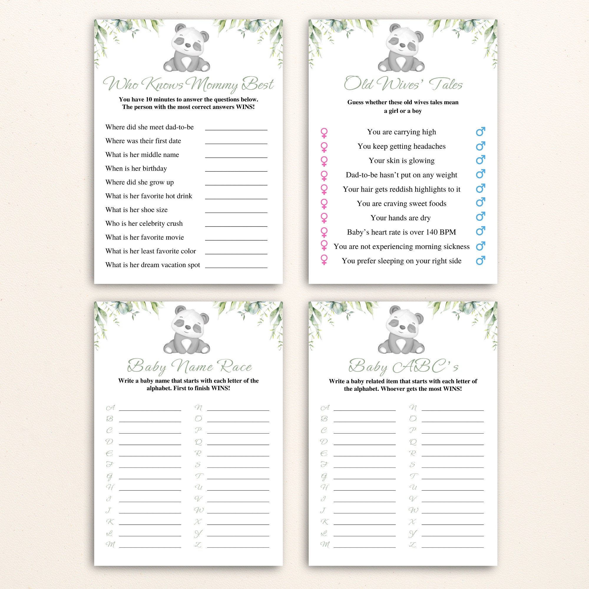 16 Printable Panda Baby Shower Games Jungle Baby Shower Game Bundle ...