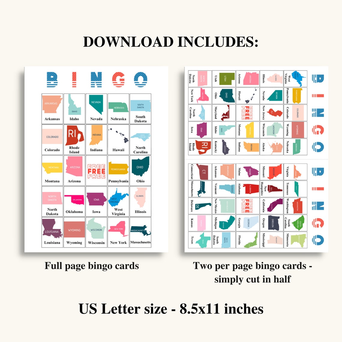 50 Printable US State Bingo Cards States Picture Bingo American States ...