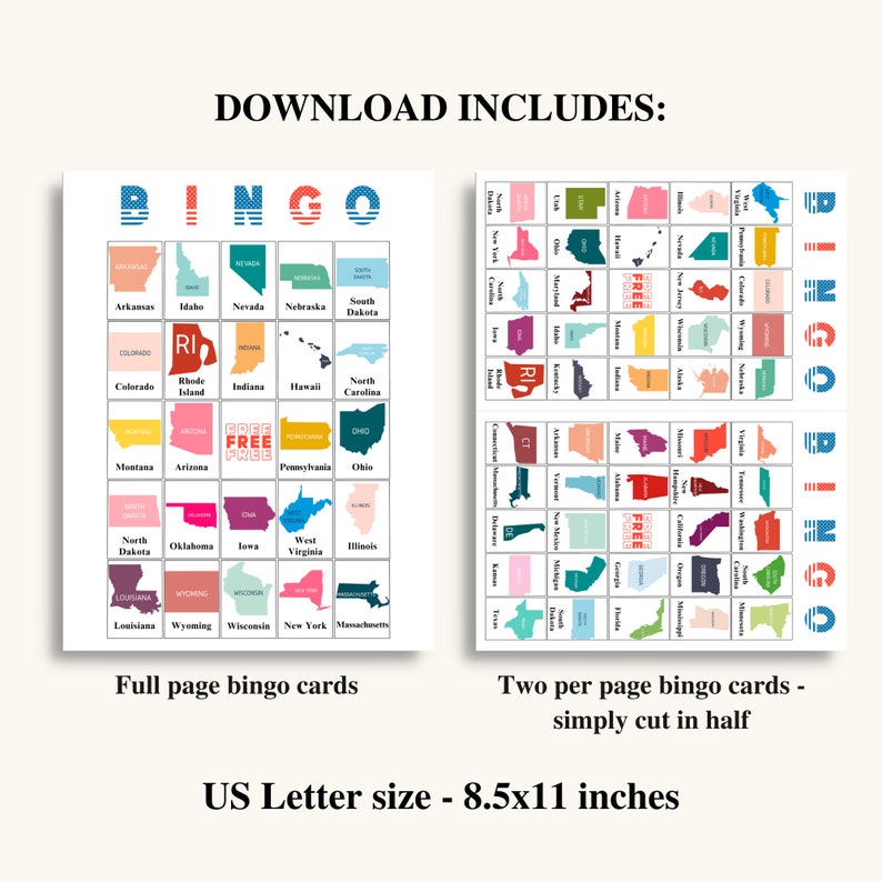 50 Printable US State Bingo Cards States Picture Bingo American States ...