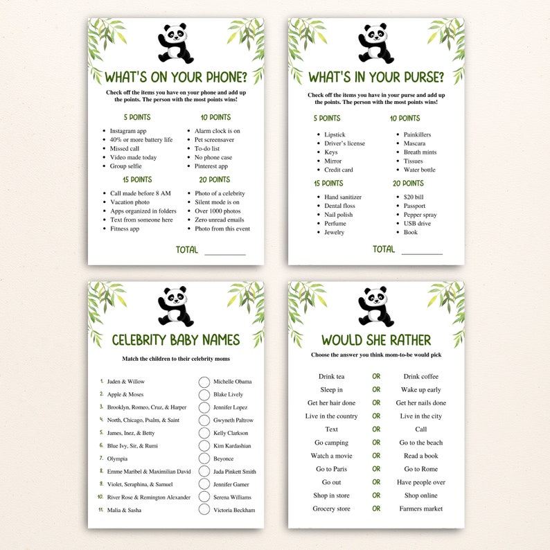 16 Printable Panda Baby Shower Games, Jungle Baby Shower Games, Safari ...
