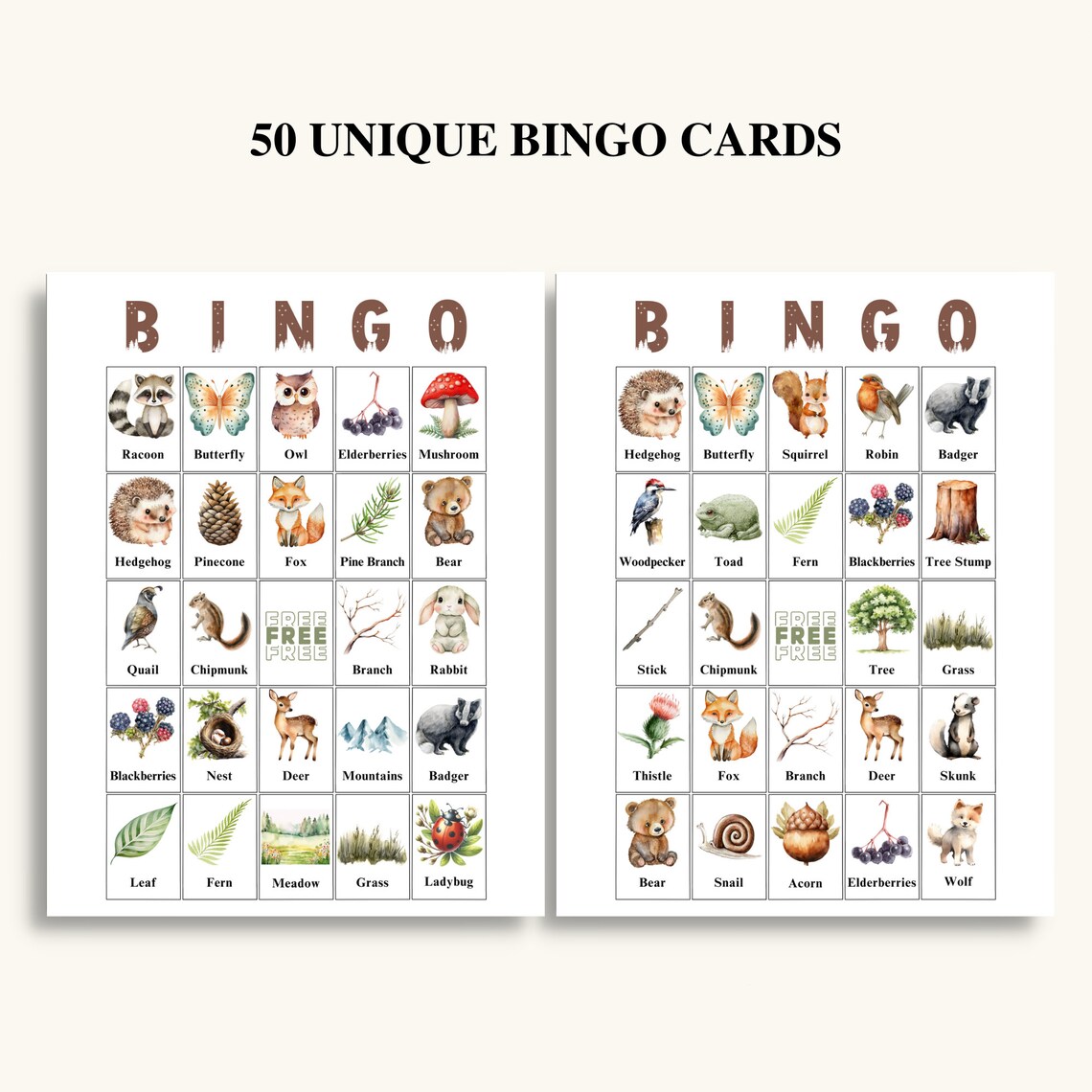 50 Printable Woodland Picture Bingo Cards, Woodland Bingo, Woodland ...