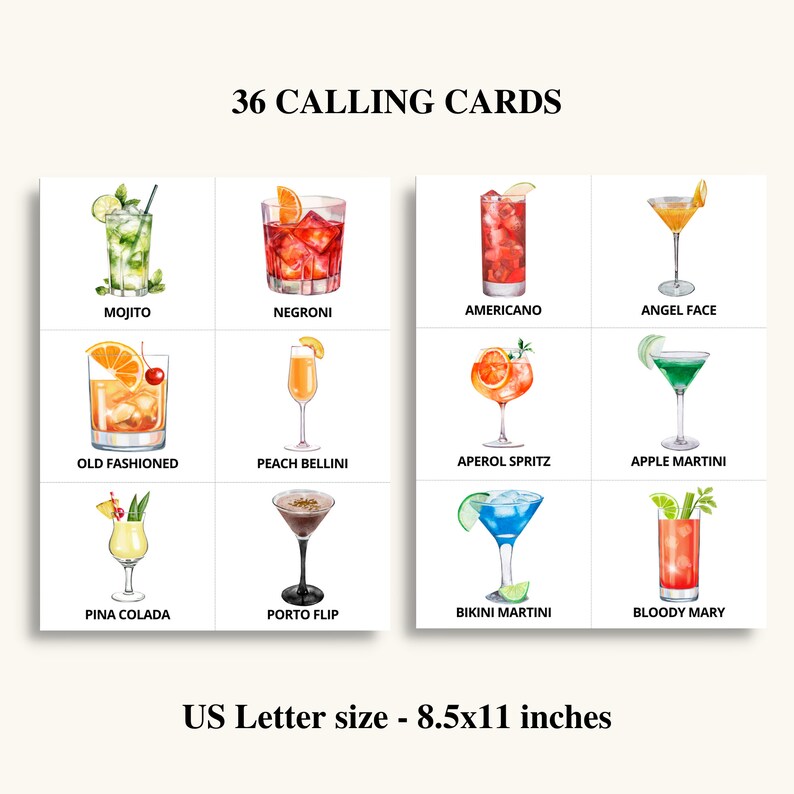 50 Printable Cocktail Picture Bingo Cards, Adult Birthday Party Games ...