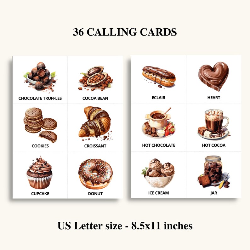 50 Printable Chocolate Picture Bingo Cards: US Letter 8.5x11 DOWNLOAD ...