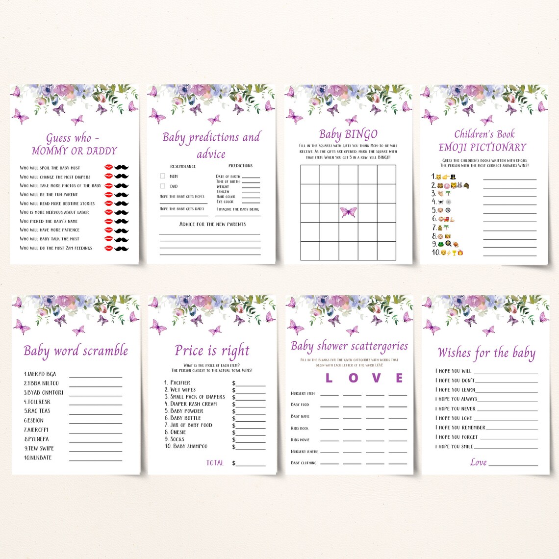 Printable Purple Butterfly Baby Shower Games 5x7'' | Etsy