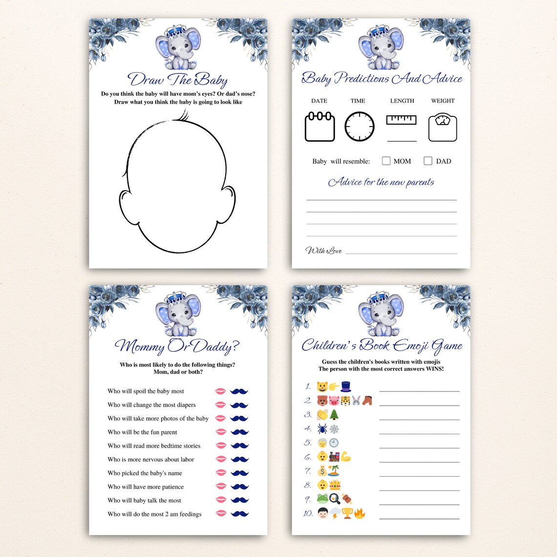 16 Printable Royal Blue Baby Shower Games Boy Elephant Baby - Etsy