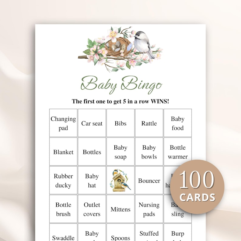 100 Printable Bird Baby Shower Bingo Cards: Prefilled Gift Bingo, Bird ...