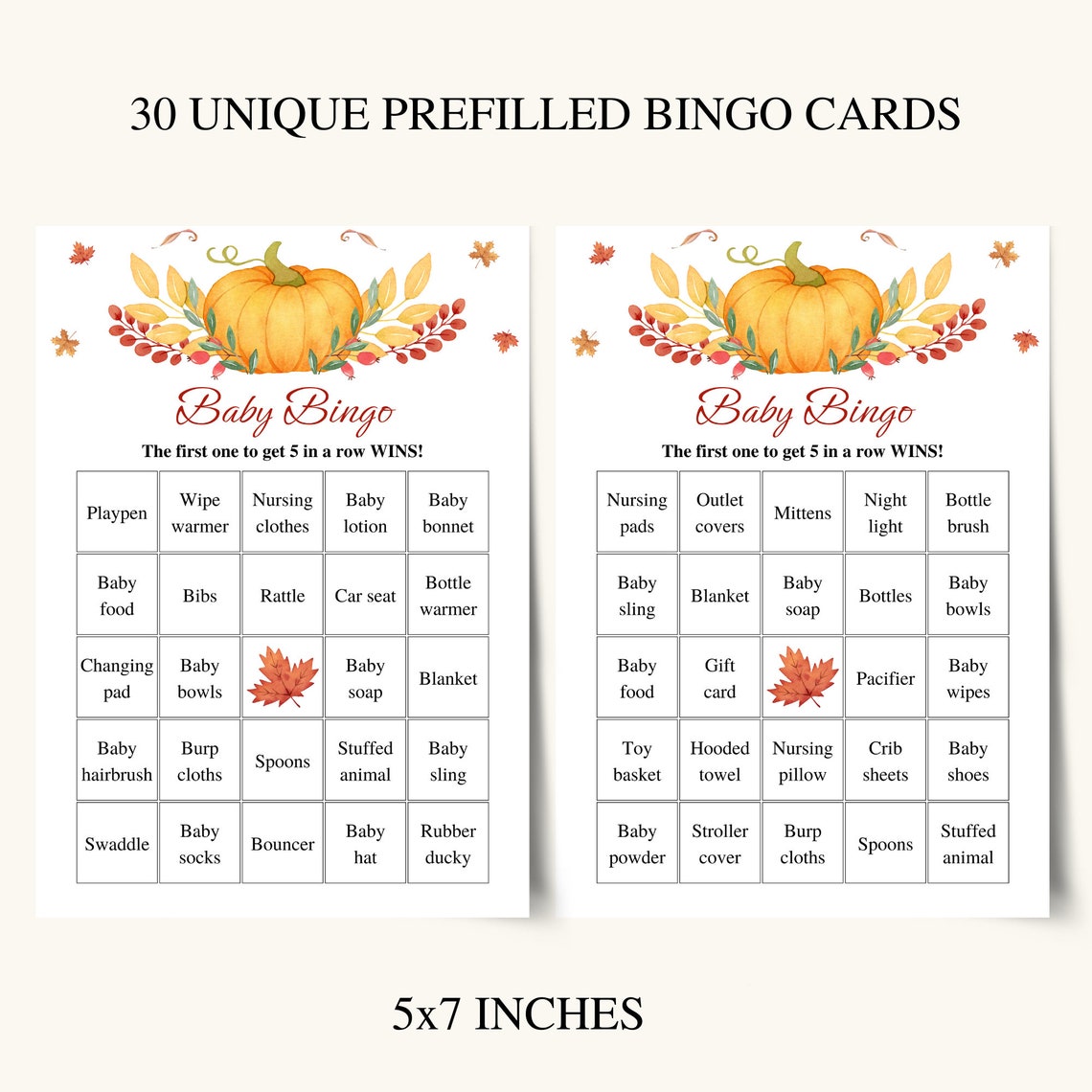 30 Printable Pumpkin Baby Shower Bingo Cards 5x7 Prefilled - Etsy