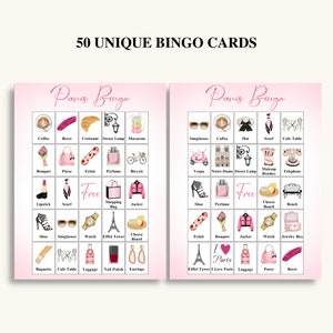 50 Printable Paris Picture Bingo Cards: Parisian Bridal Shower Games, 8 ...