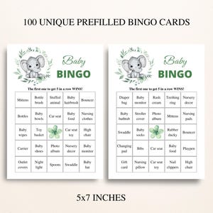 100 Printable Elephant Baby Shower Bingo Cards, Prefilled Baby Shower ...