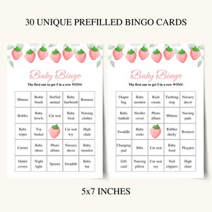 30 Printable Prefilled Baby Shower Bingo Cards, Strawberry Baby Shower ...