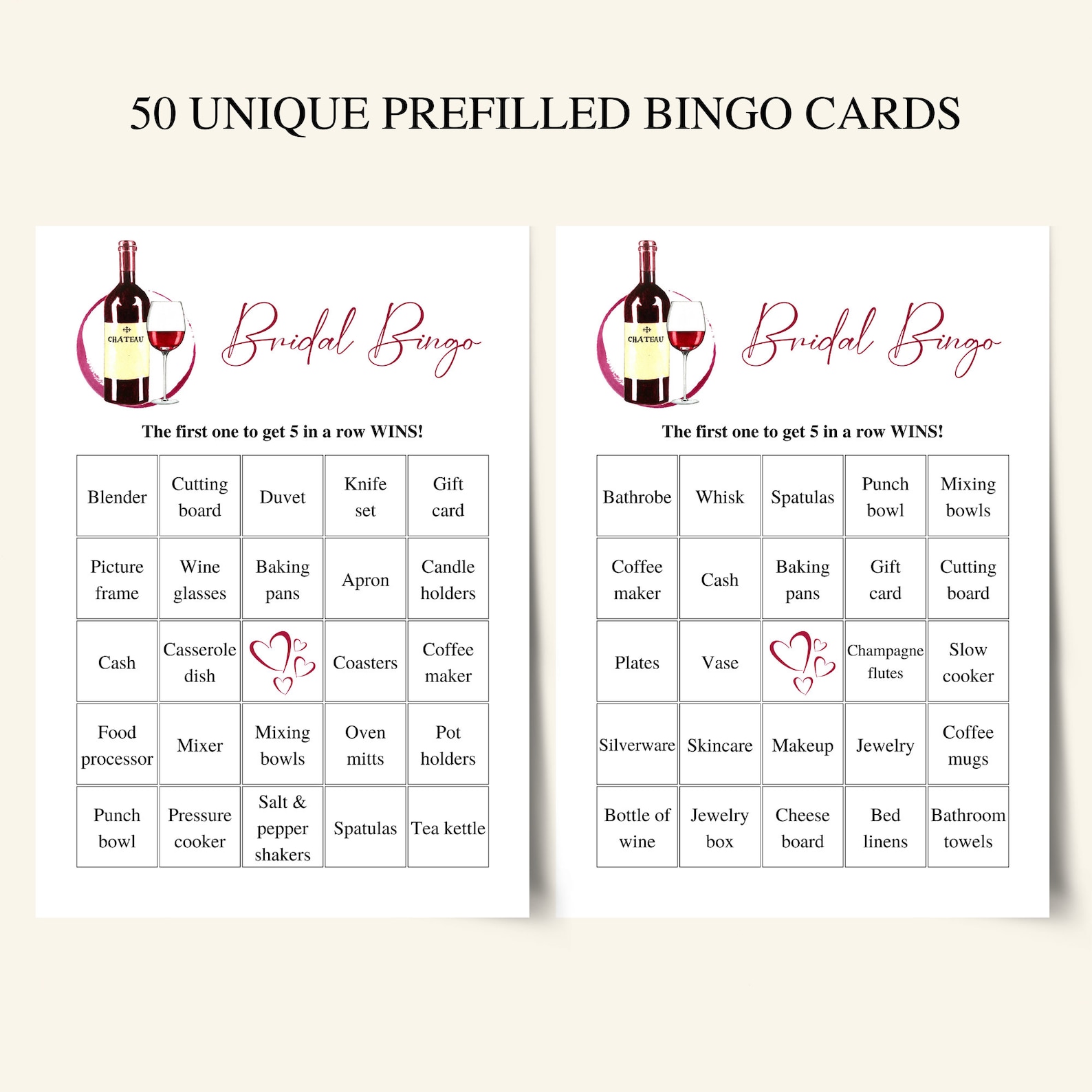 50 Printable Wine Themed Bridal Shower Bingo Cards Prefilled Bridal ...