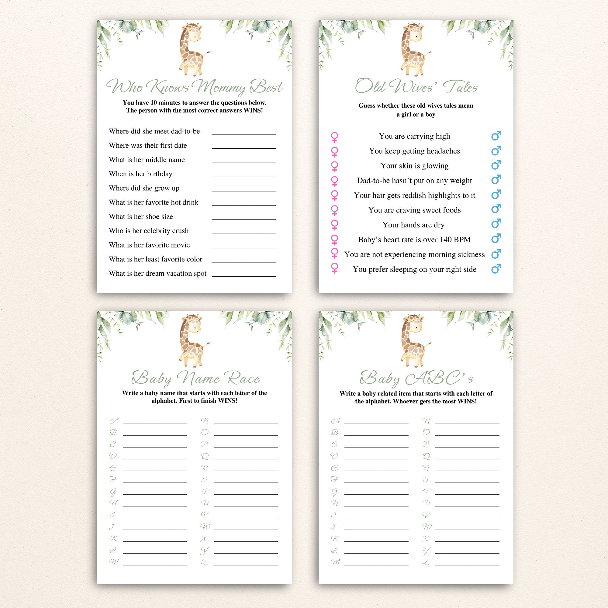 16 Printable Giraffe Baby Shower Games Safari Baby Shower Game Bundle ...