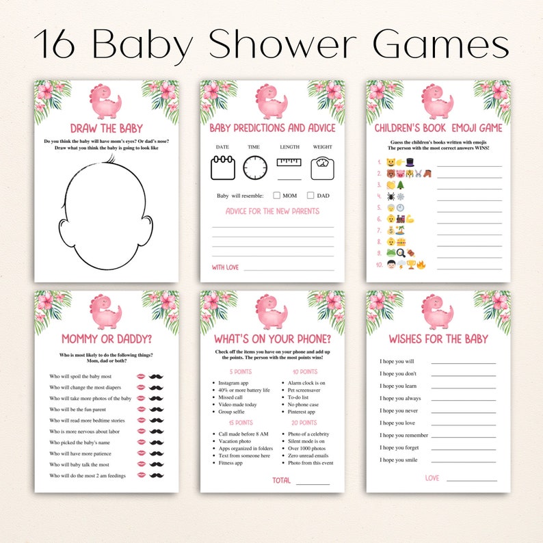 16 Printable Girl Dinosaur Baby Shower Games Pink Dinosaur Baby Shower ...