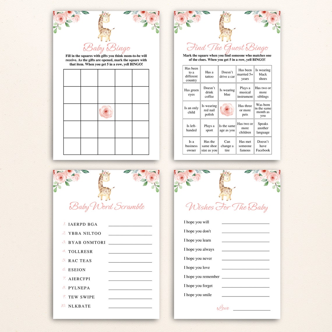 16 Printable Pink Giraffe Baby Shower Games Floral Safari Baby Shower ...