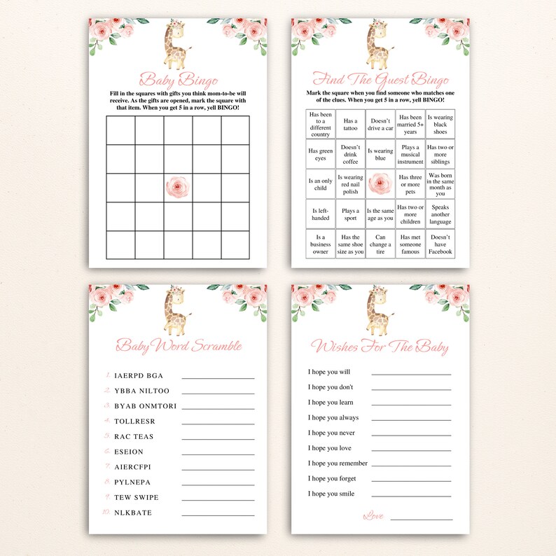 16 Printable Pink Giraffe Baby Shower Games Floral Safari Baby Shower ...