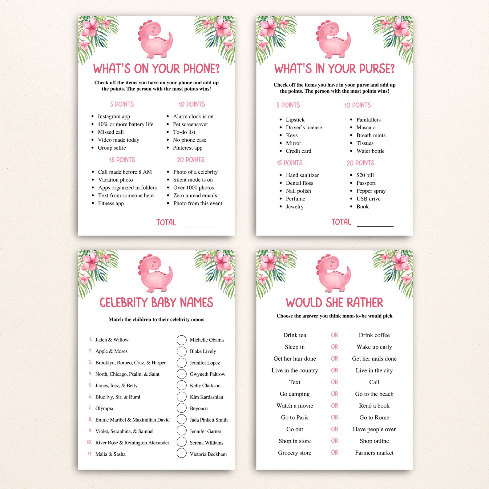 16 Printable Girl Dinosaur Baby Shower Games Pink Dinosaur Baby Shower ...