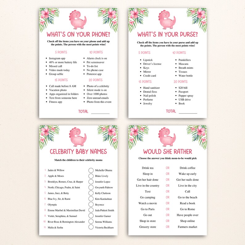 16 Printable Girl Dinosaur Baby Shower Games Pink Dinosaur Baby Shower ...