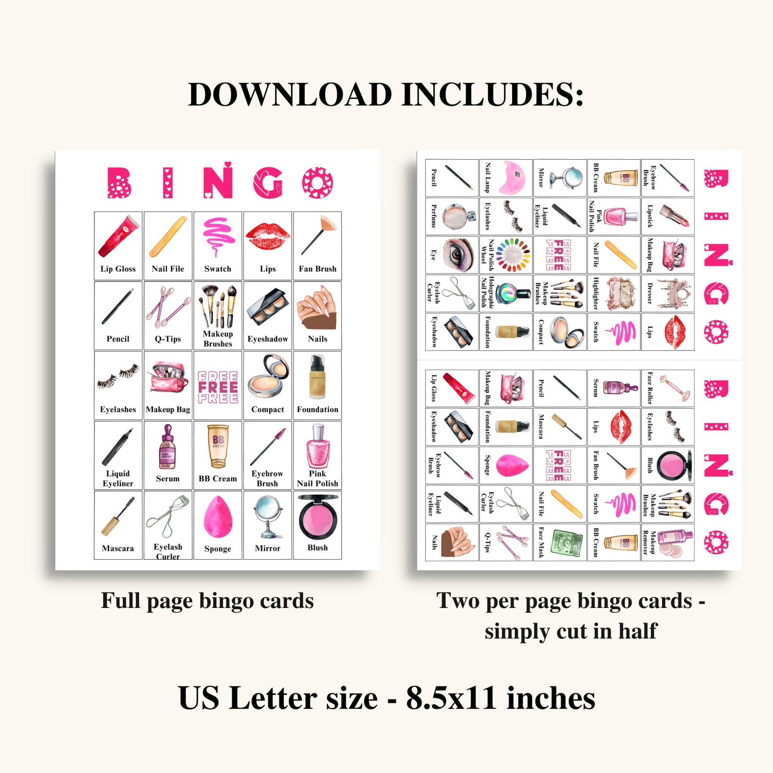 50 Printable Makeup Picture Bingo Cards, Slumber Party Games, Birthday ...