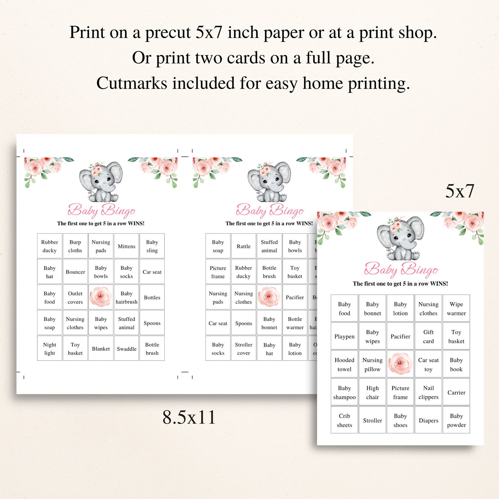 30 Printable Floral Elephant Baby Shower Bingo Cards 5x7'' Floral Baby ...