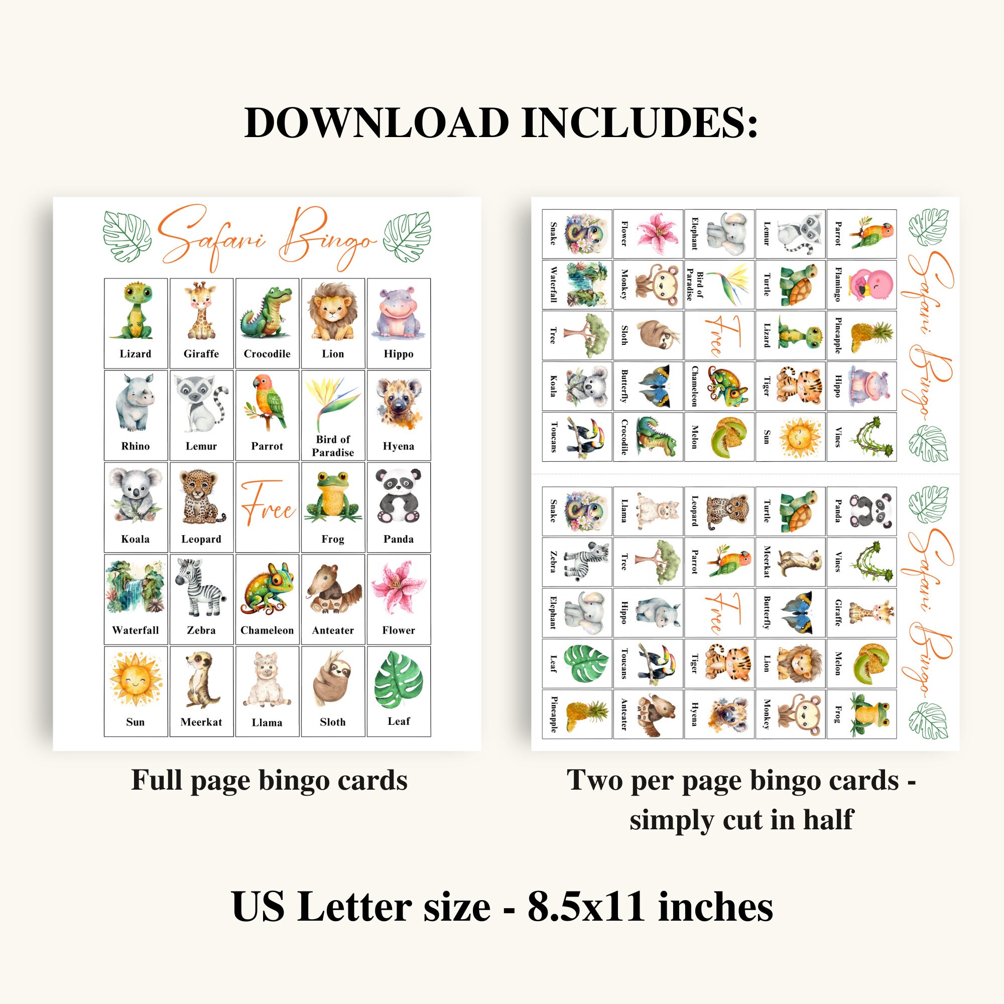50 Printable Safari Bingo Cards Safari Themed Picture Bingo Safari Baby ...