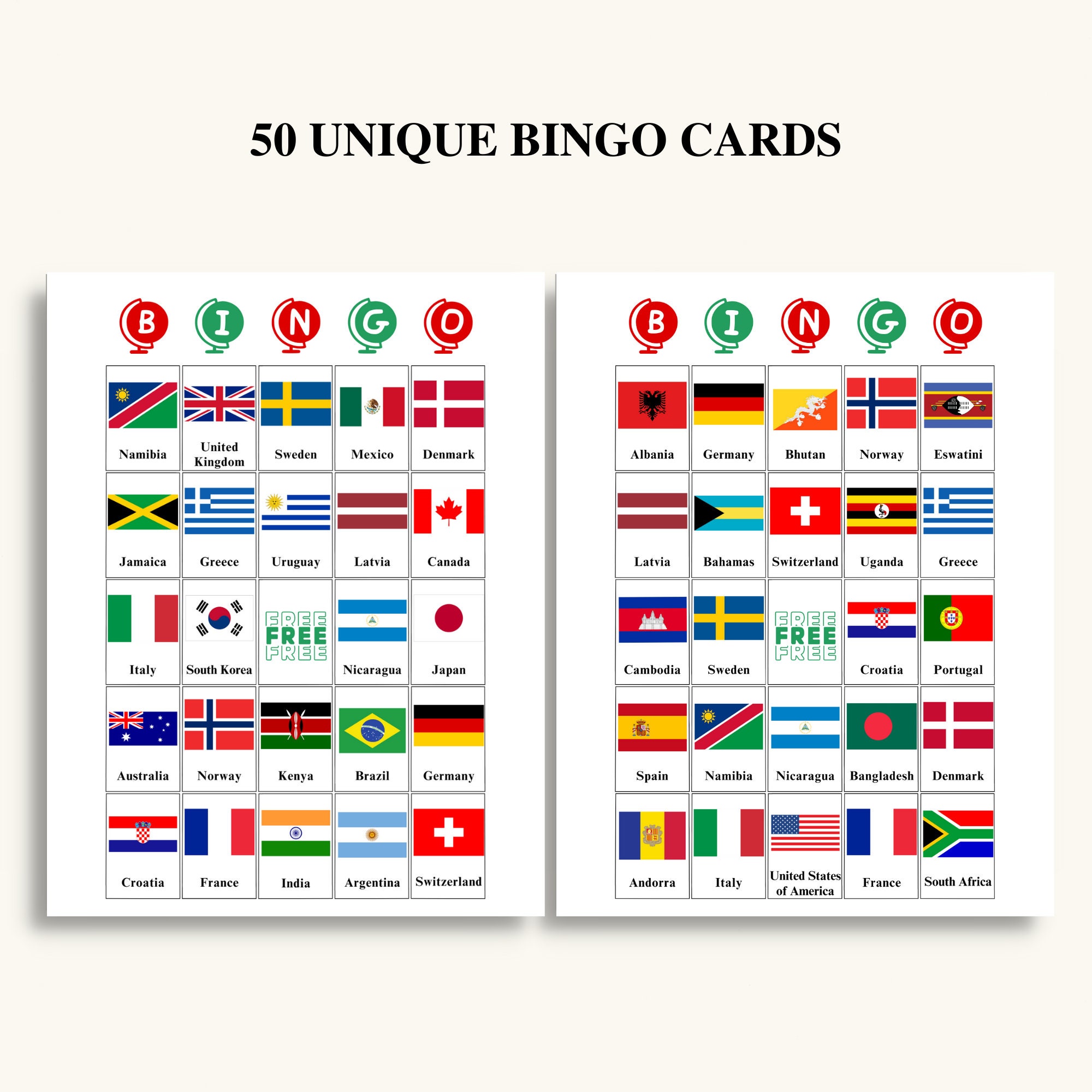 50 Printable World Flags Picture Bingo Cards: Classroom Games, US ...