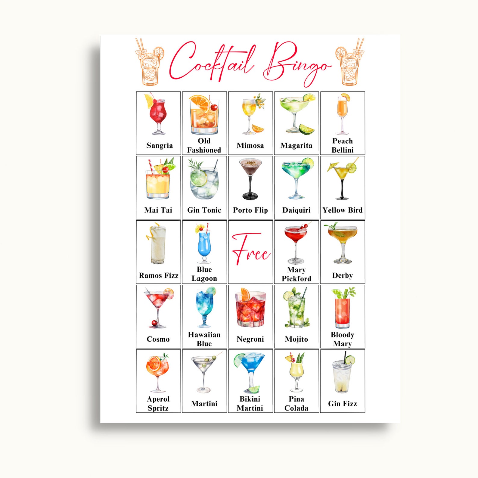 50 Printable Cocktail Bingo Cards Cocktail Themed Bingo Cards for A ...