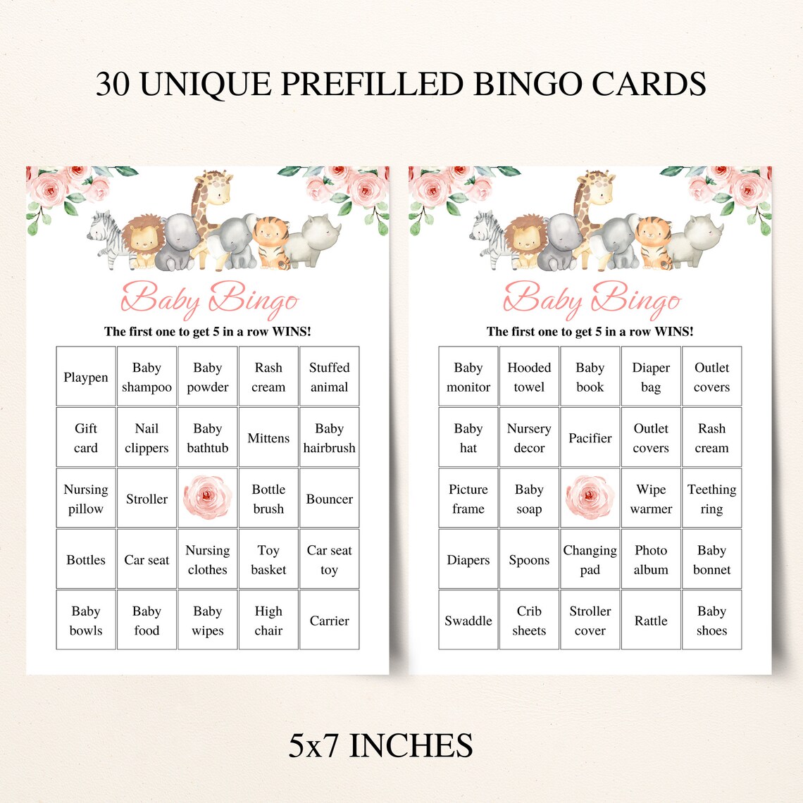 30 Printable Pink Safari Baby Shower Bingo Cards - Etsy