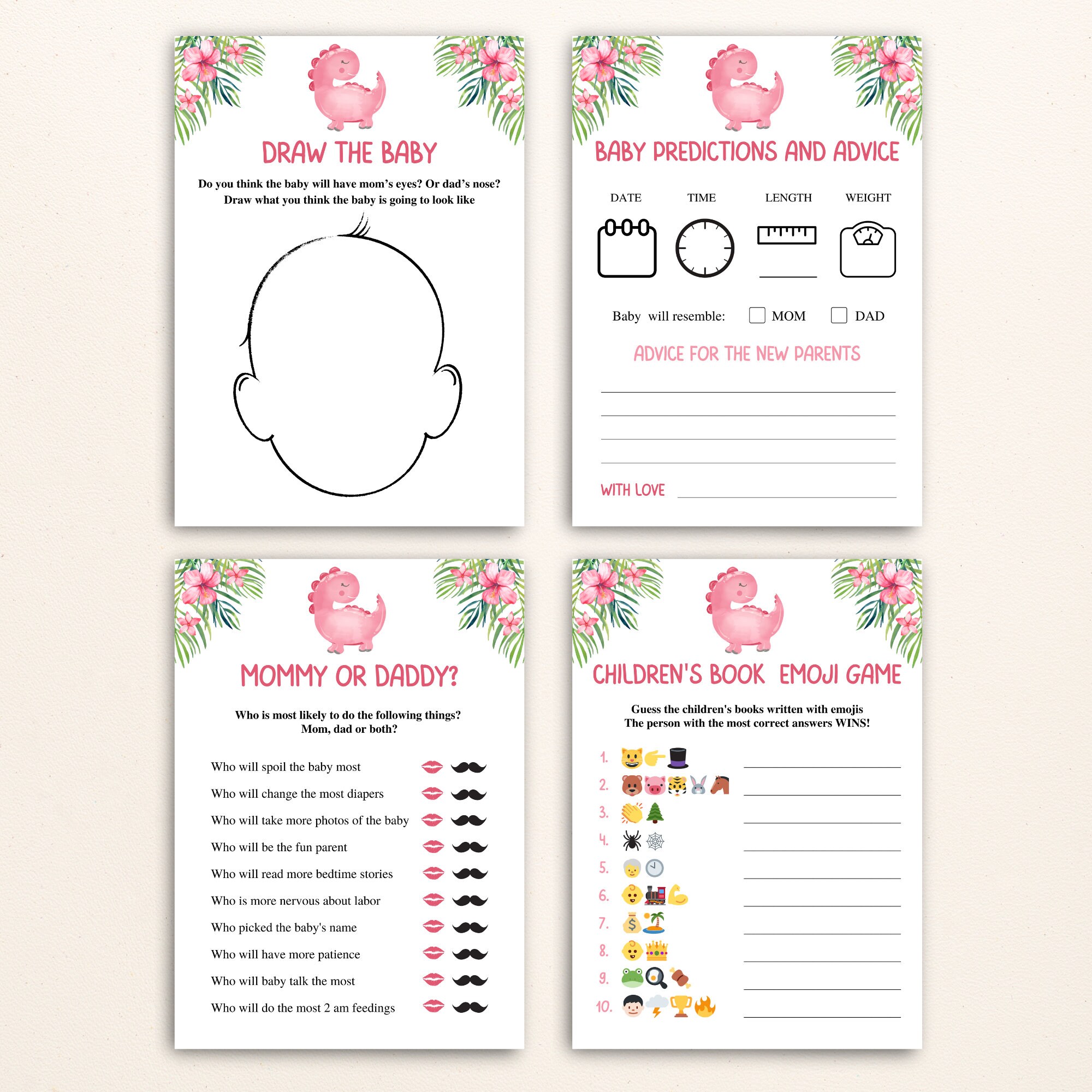 16 Printable Girl Dinosaur Baby Shower Games Pink Dinosaur Baby Shower ...
