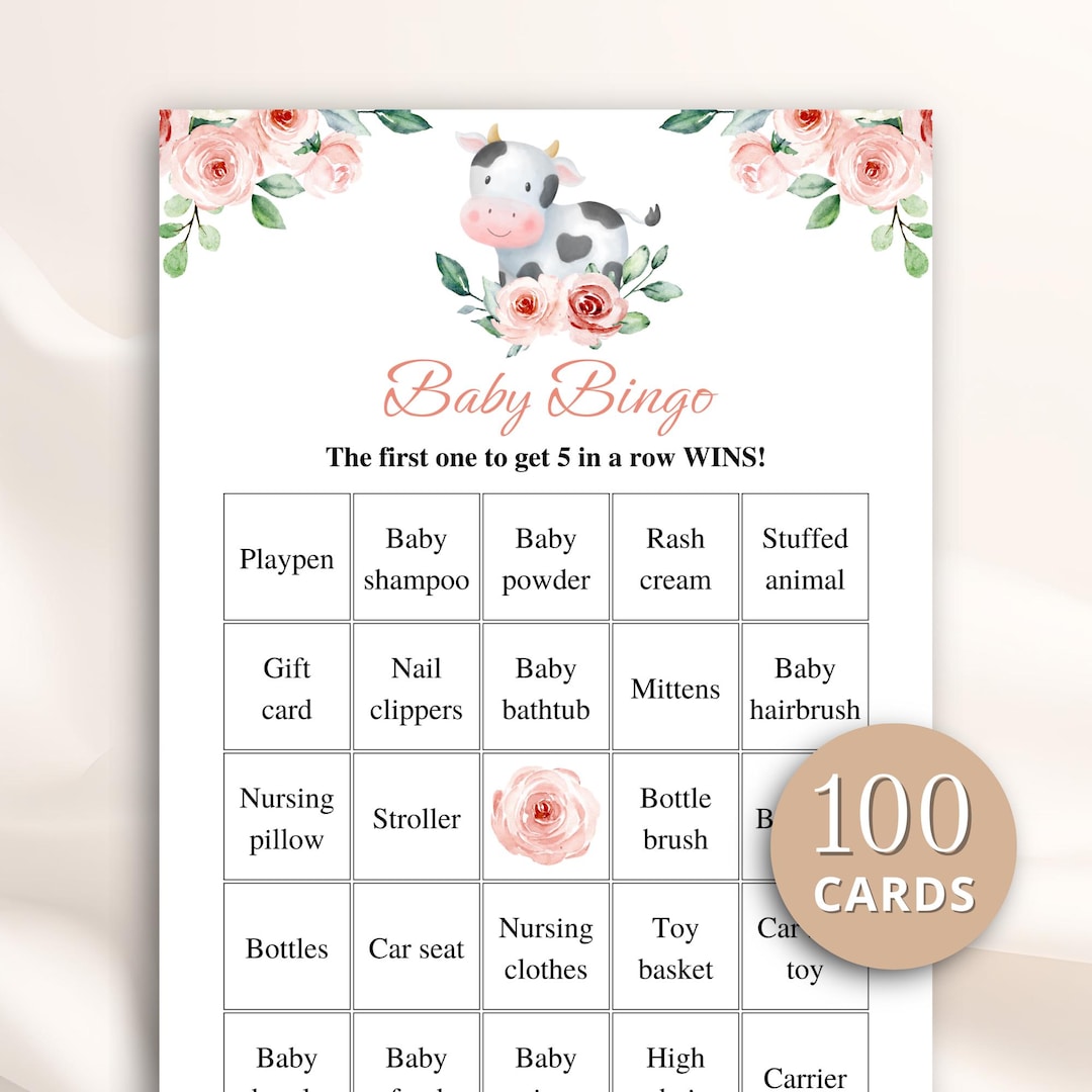 100 Printable Floral Cow Baby Shower Bingo Cards, Prefilled Baby Shower ...