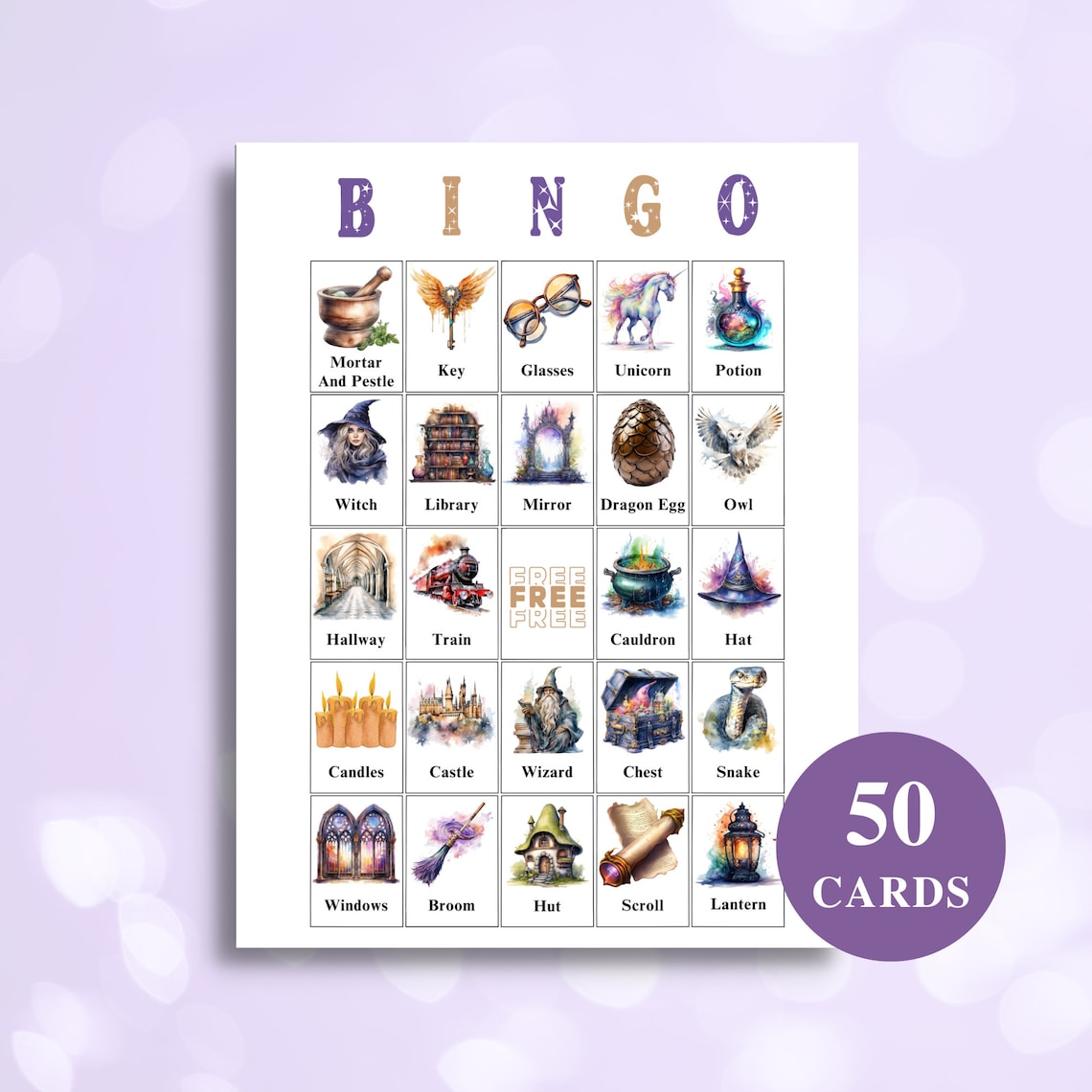 50 Printable Magic Picture Bingo Cards, Wizard Birthday Party Games ...