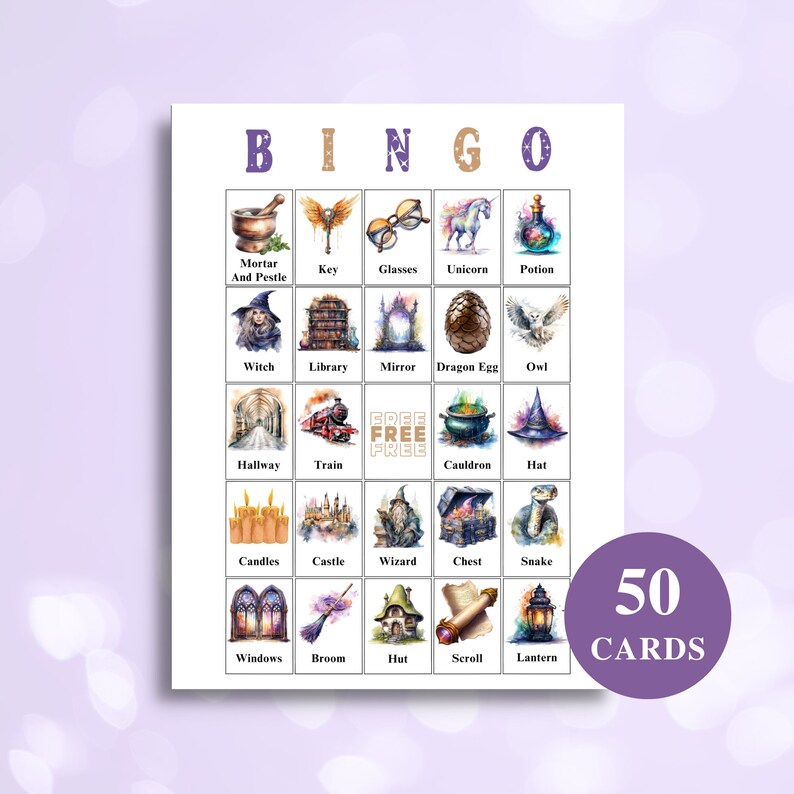 50 Printable Magic Bingo Cards | Magic Picture Bingo | Wizard Birthday ...
