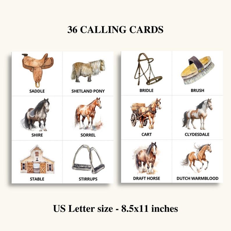 50 Printable Horse Picture Bingo Cards, Horse Themed Birthday Party ...