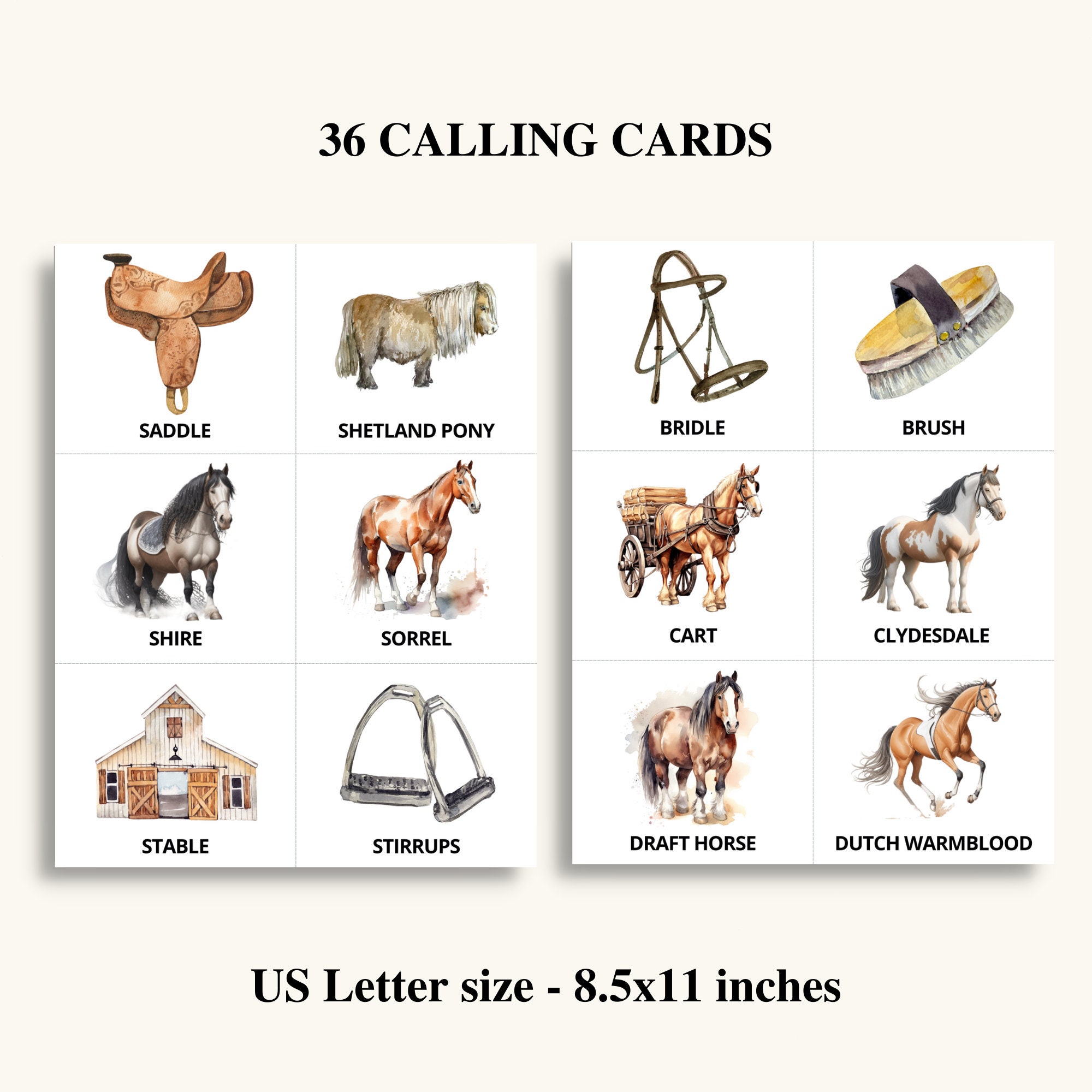 50 Printable Horse Picture Bingo Cards: US Letter 8.5x11 DOWNLOAD - Etsy