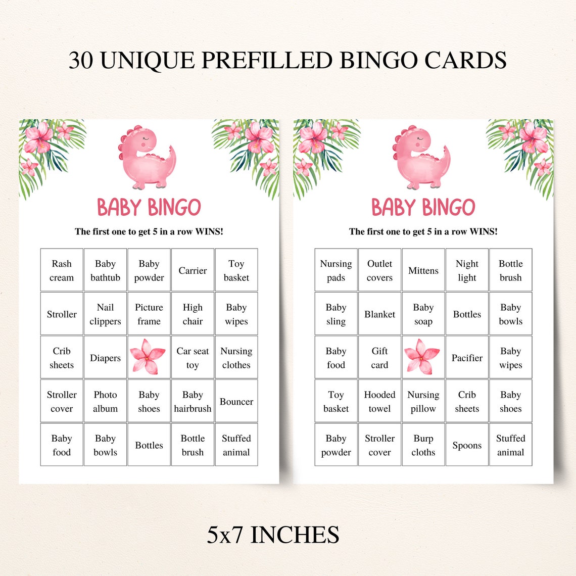 30 Printable Pink Dinosaur Baby Shower Bingo Cards 5x7'' Prefilled Baby ...